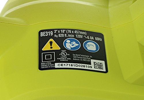Ryobi BE319 6 Amp Portable 320 Feet / Minute Corded Belt Sander (3β x 18β) w/ Onboard Removable Dust Bag (Medium Grit Sanding Belt Included)