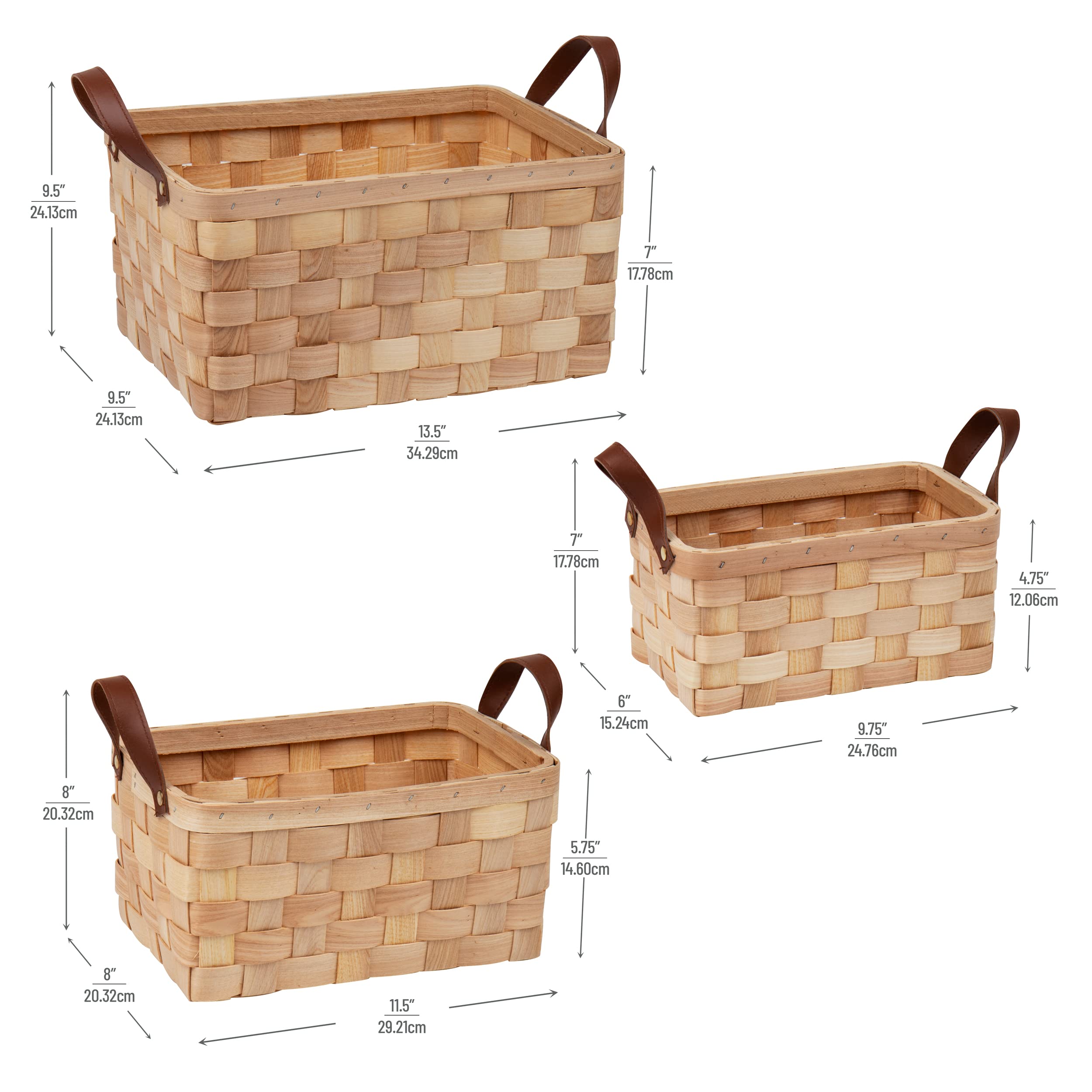 Maison Sucasa Wood Chip Nesting Storage Bin Set, 11, 13, and 16 Lb. (4.9, 5.9 and 7.25 Kg) Capacity, Leather Strap Handles, Home Decor, Set of 3, Brown