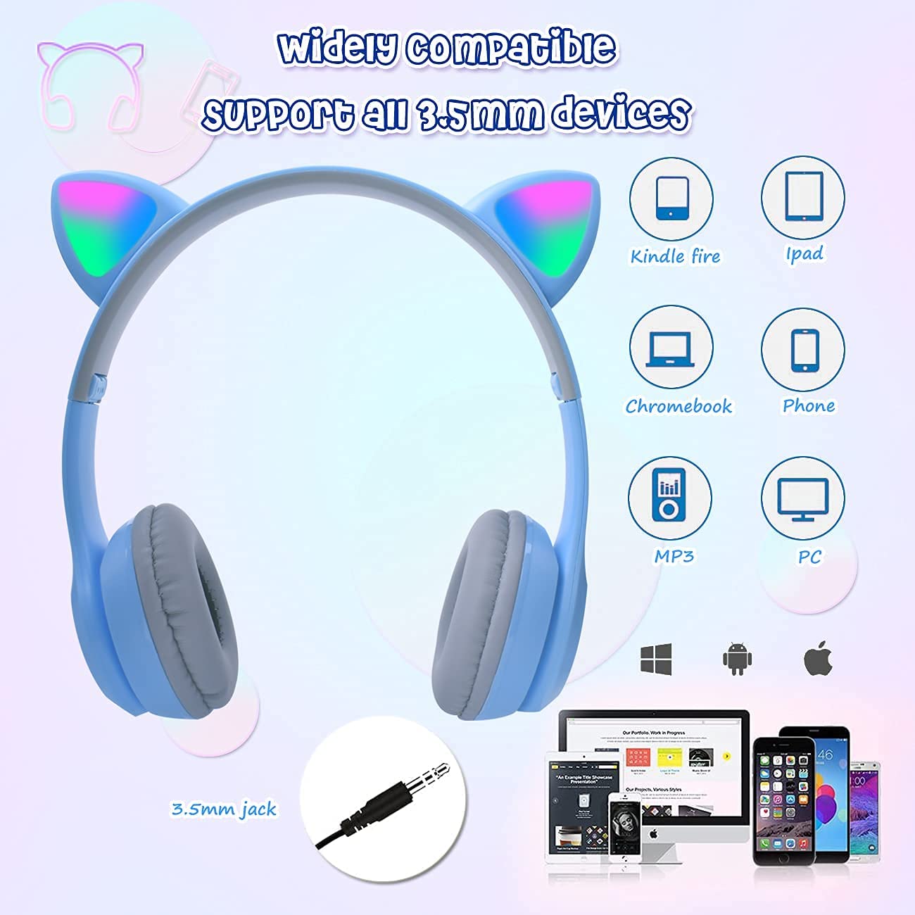 Bluetooth Cat Ear Kids Headphones with Mic, arVin Wireless/Wired Foldable Over-Ear Headset with Led Light UP & 85db Volume Limited for School, Online Learning, Boys, Girls, Children, Tablet, iPad & PC