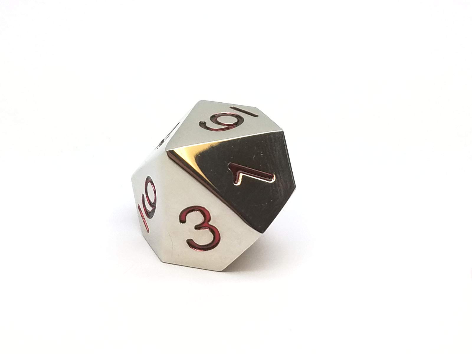 Koplow Games Single D10 20mm Numbered 0 to 9 Metal Die - Silver with Red Numbers