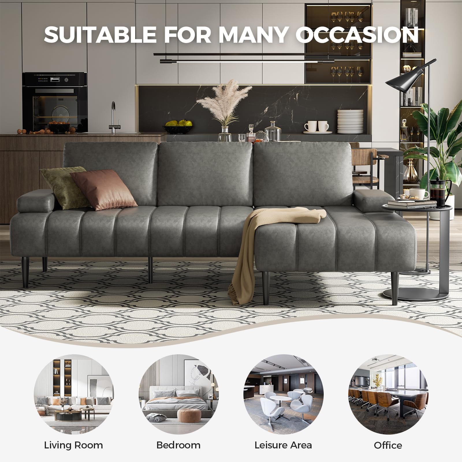 COPIAE 94.5” L Shape Sofa, Anti-scratch Faux Leather Sectional Sofa with Chaise, Oversized Cloud Couch with Removable Armrest Bags& Metal High Feet, Modern Design L Shape Couches for Living Room, Grey