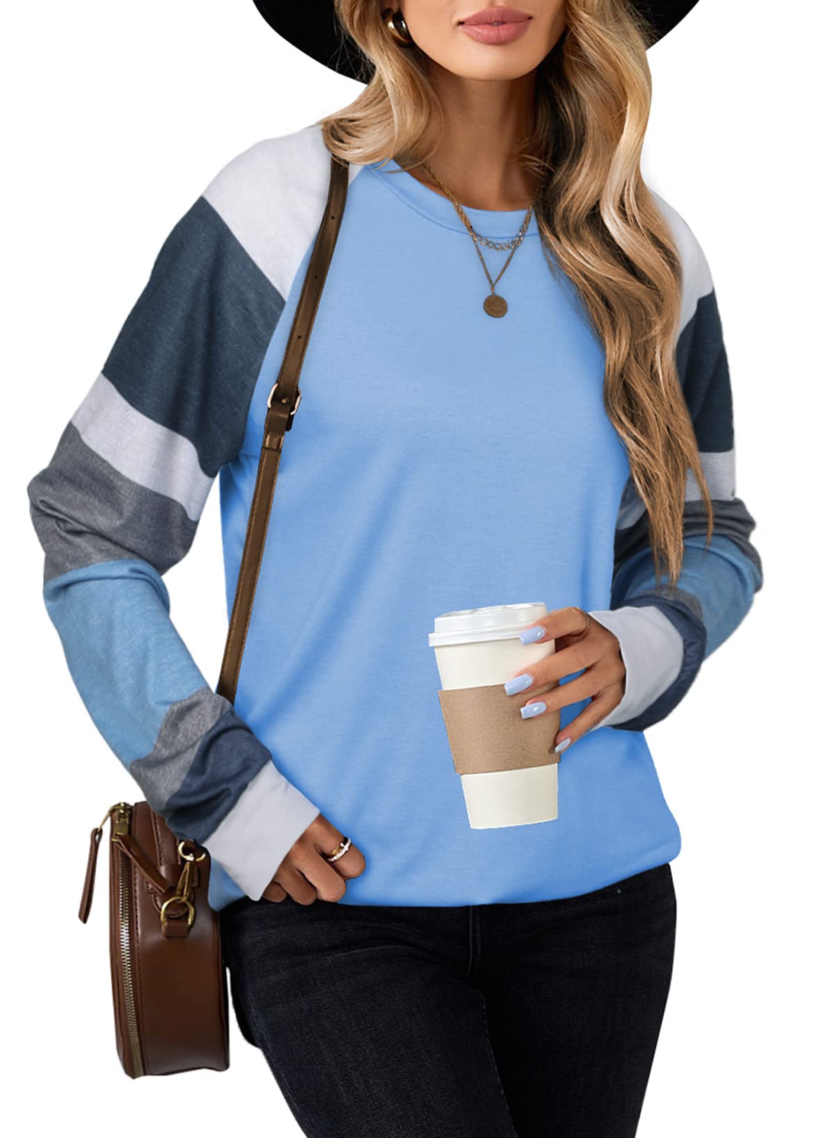 BLENCOT Womens Plus Size Winter Long Sleeve Tunics Tops Color Block Casual Lightweight Blue Sweatshirts Pullover (US18-20) XX-Large