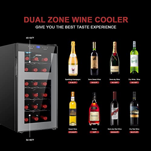 maisee Wine Fridge Dual Zone,18 Bottles Wine Cooler Refrigerator Chiller Upper Zone 46f-54f Lower Zone 54f-65f for Red White Wine Champagne in Home Office Bedroom Countertop (18 Bottles,Black