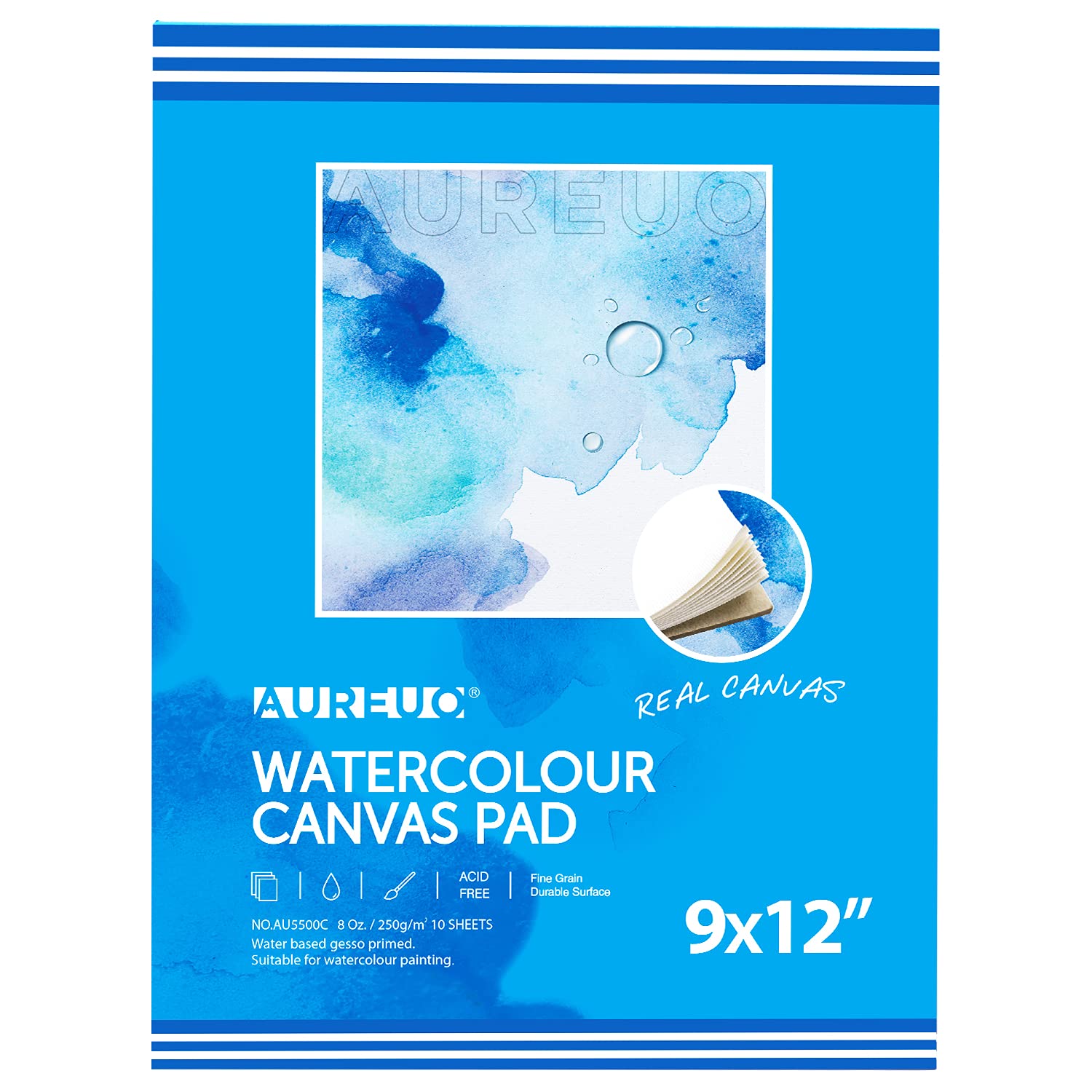 AUREUO Watercolor Canvas Pad - 12x16 Inch, 10 Sheets, 1 Pack - 270g, 100% Cotton White Blank Canvas for Watercolor Painting