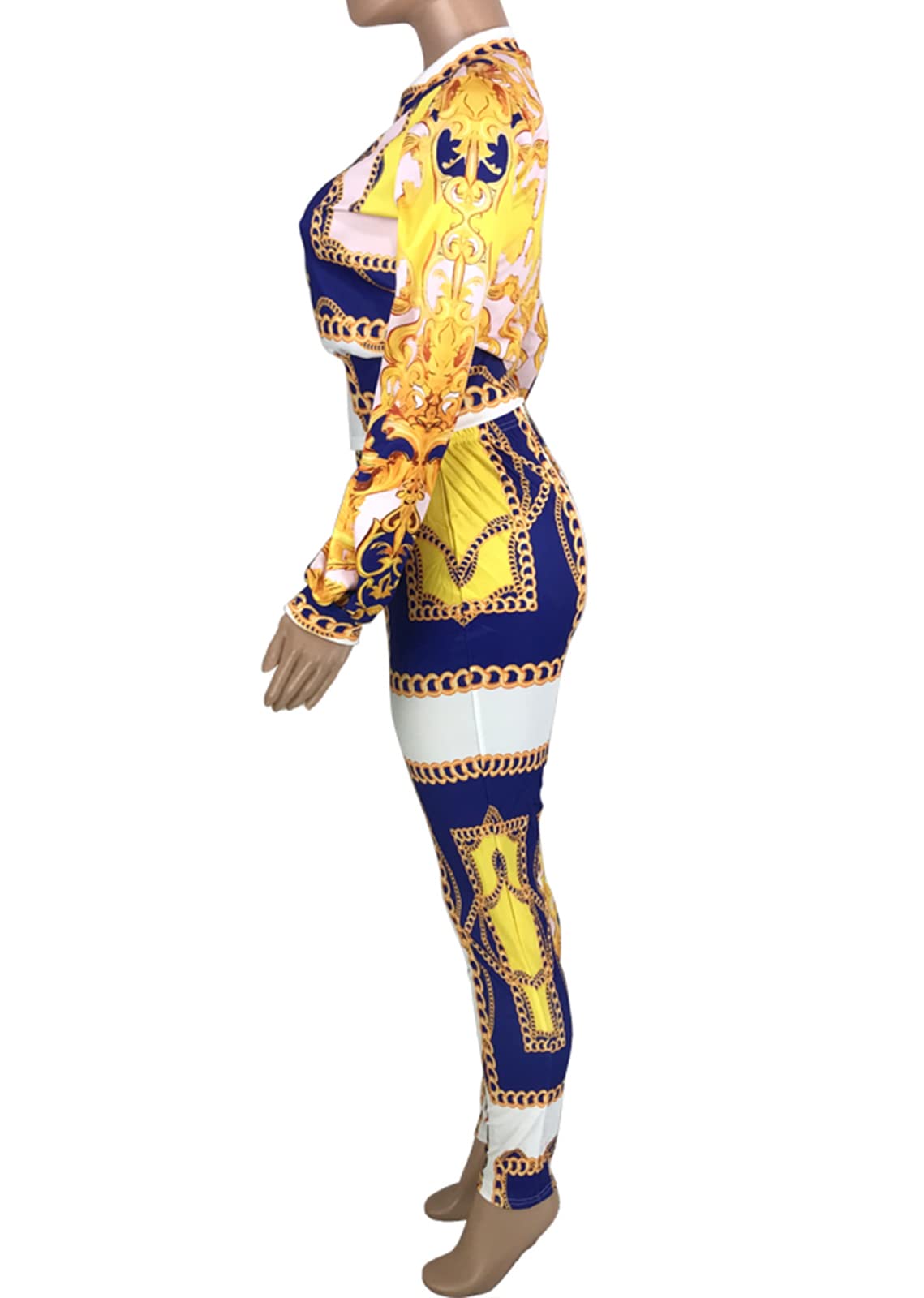 Bluewolfsea Two Piece Outfits for Women Jogger Tracksuits Long Sleeve Zipper Floral Print Jumpsuits Sweatsuits Sets Yellow Medium