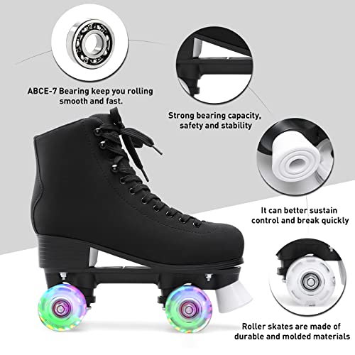 FEETCITY Womens Roller Skates High-Top Double-Row Leather Roller Skates for Girls Boys for Indoor Outdoor Size 9 Black