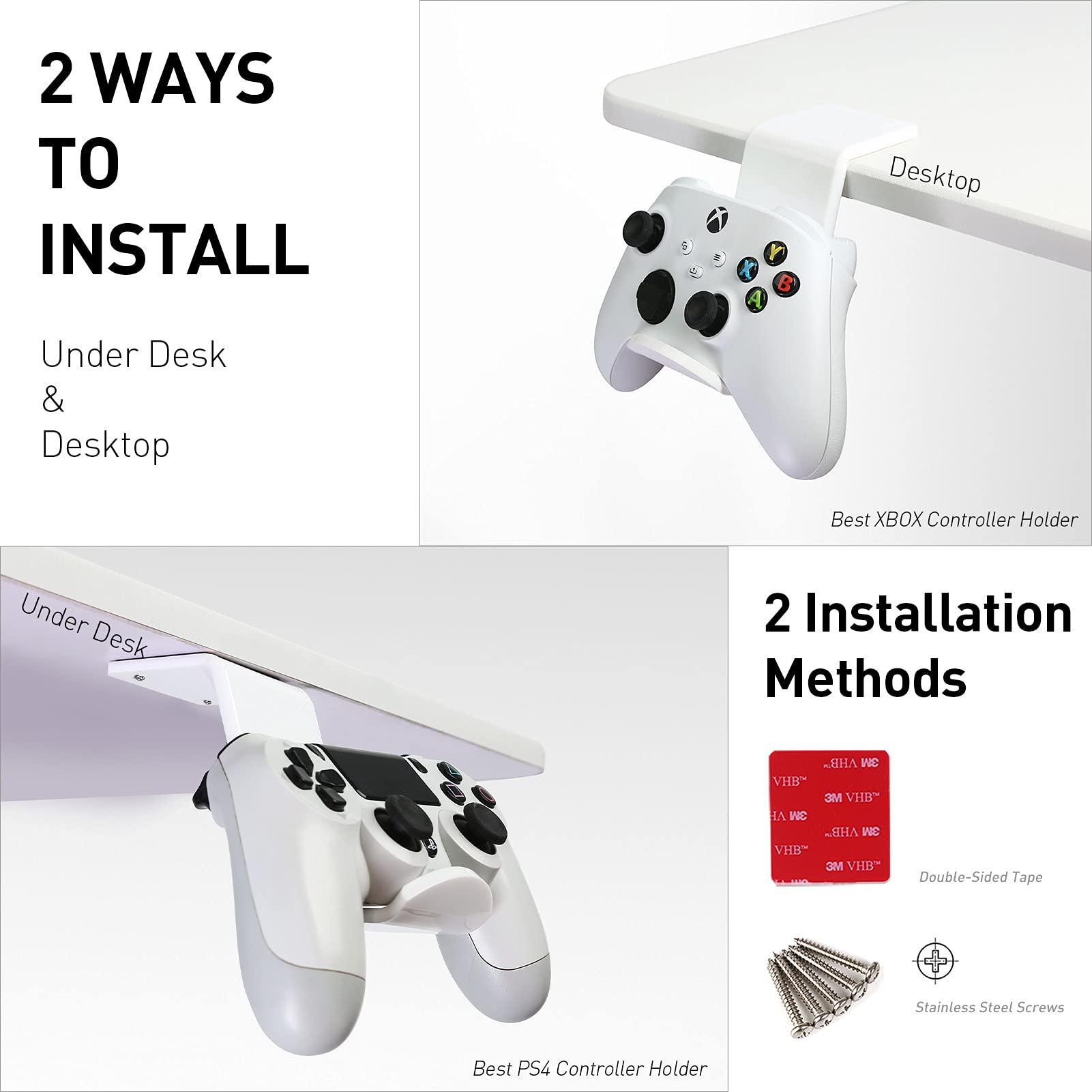 OAPRIRE Under Desk & Desktop Controller Holder Gaming Accessories (2 Pack) for Xbox ONE PS4 PS5 Switch, Universal Controller Stand with Clips (White)
