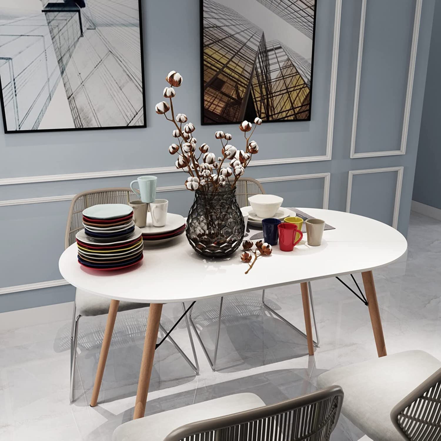 FurnitureR 47.2 Inch Dining Table Minimalist Style Oval Side Desk with Beech Wood Square Legs for Home Kitchen Living Room Corner Small Spaces, White