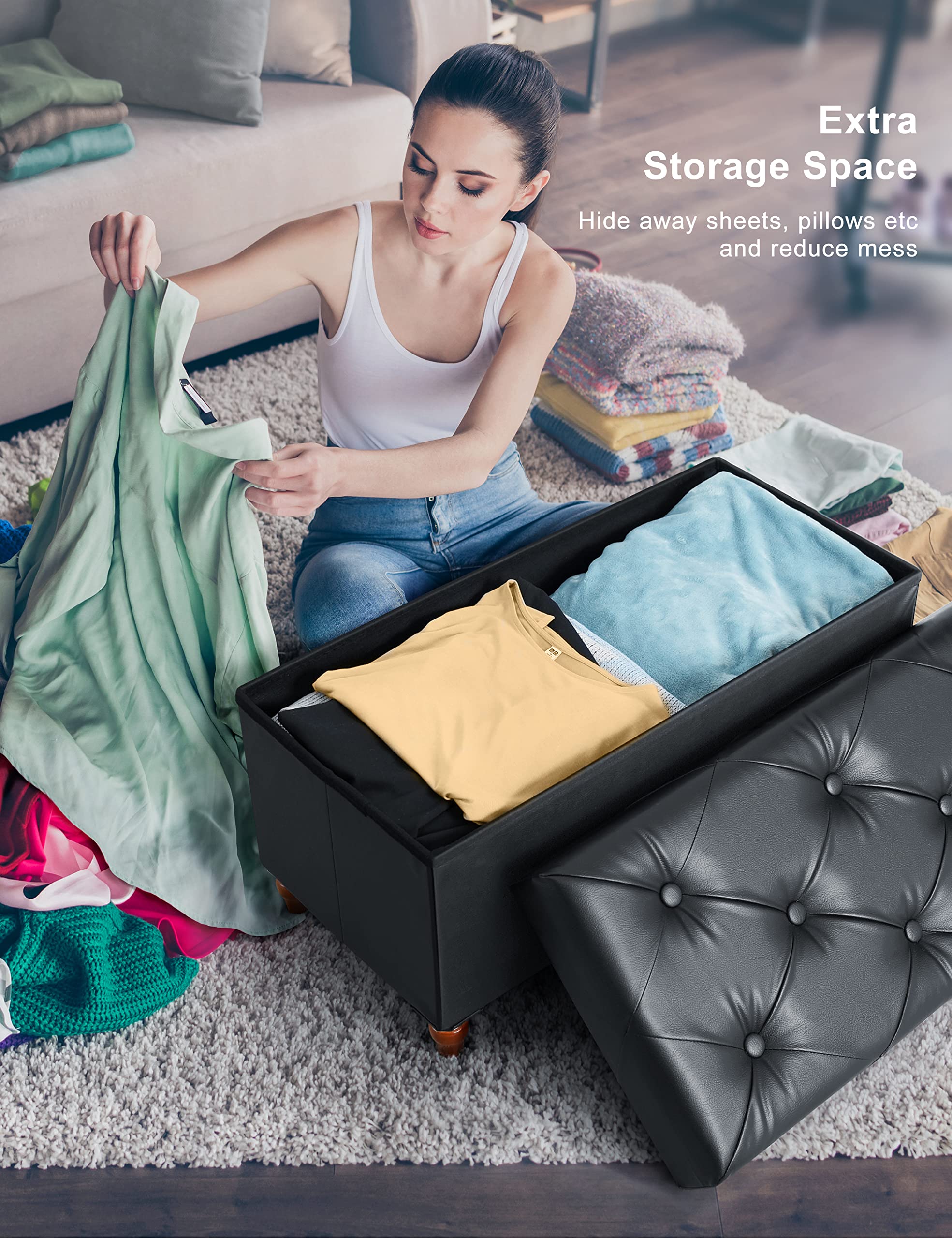 Nicehill 30 inches Folding Storage Ottoman Bench with Wooden Legs, Ottoman with Storage for Living Room & Bedroom,Faux Leather, Load 350lbs, Black