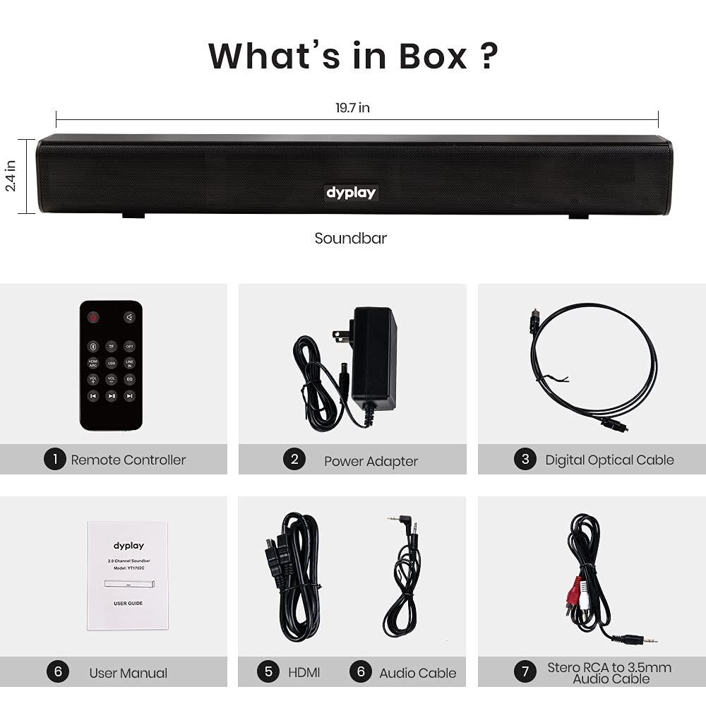 Sound Bars for TV, Dyplay 20-Inch Small Bluetooth 5.0 Soundbar, Built-in DSP, 100W 4 Equalizer Modes Audio, HDMI/Optical/AUX/TF/USB Connection for TV, Smartphones, PC, Home Theater, Gaming, Projectors
