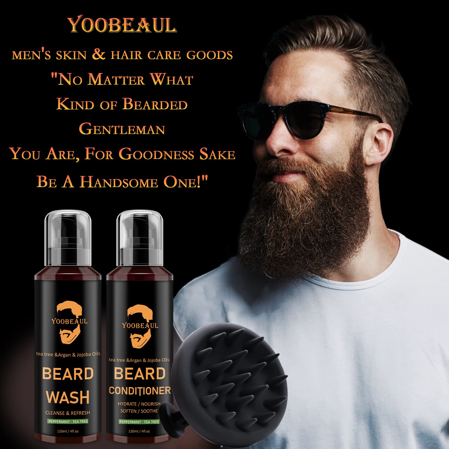 Beard Wash, Beard Conditioner & Beard Brush Set w/Argan & Tea Tree Oils - Natural Mint Tea Tree Scent - Softens & Strengthens, Shine, Reduce Itchy - Scrub, Beard Shampoo w/Beard Oil 2 x 4 Fl Oz 120ML