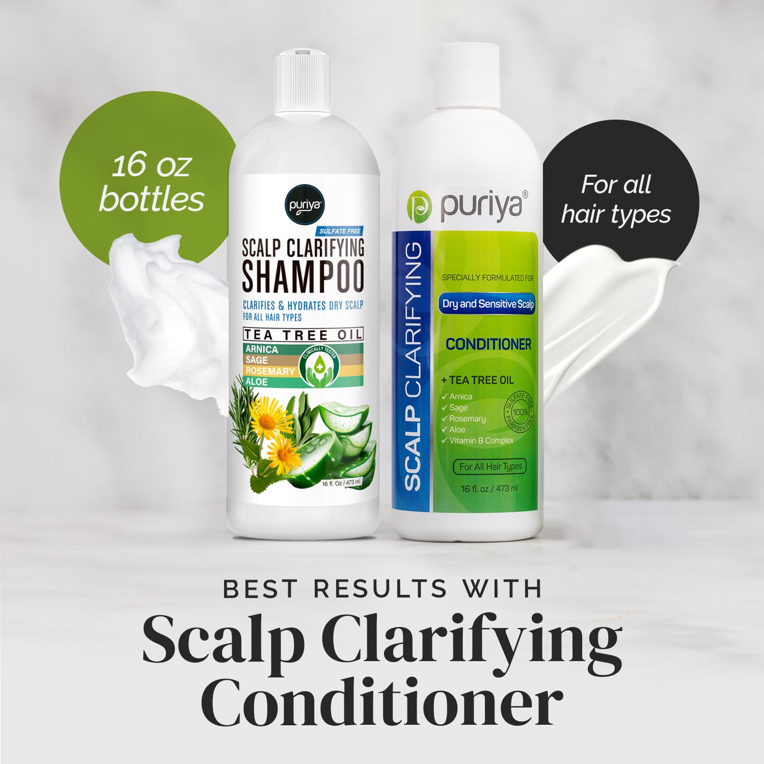 Puriya Tea Tree Clarifying Shampoo. Plant Rich Dry Itchy Scalp Relief, for Kids, Adults, Sulfate Free, No Harsh Chemicals Seen in Dandruff Treatment, Seborrheic Dermatitis, Psoriasis Shampoo, 16 oz