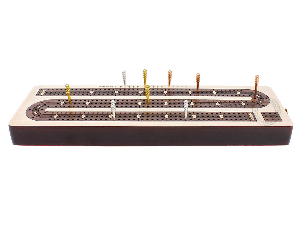 House of Cribbage - 3 Track Continuous Cribbage Board Inlaid in Rosewood - Maple Wood - Size: 12.5 Inches - Storage Drawer for Cribbage Pegs