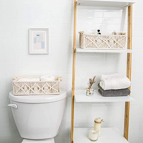 Mkono 4PCS Set - Hanging Shelf Wall Wood Floating Storage Shelves Leather Strap Swing Organizer Set of 2, and Macrame Storage Baskets for Baby Nursery Room Decor