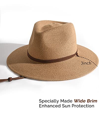 FURTALK Womens Summer Straw Sun Hats Wide Brim Panama Fedora Beach Hat with Wind Lanyard UPF 50+ Khaki