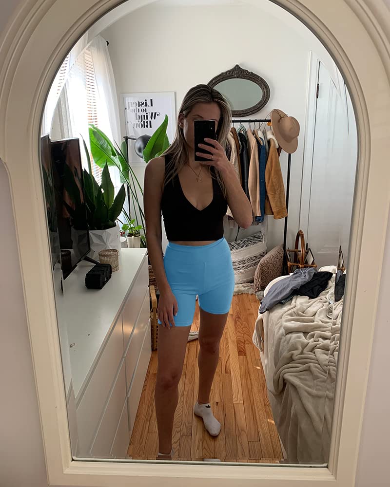 Aurgelmir Womens Biker Shorts High Waisted Booty Gym Yoga Scrunch Butt Lifting Stretchy Basic Workout Shorts Sky Blue