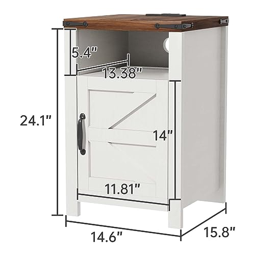 Breezestival Farmhouse Nightstand, End Table with USB and Socket, Wooden Side Table with Barn Door, Set of 2 with Storage Space, Suitable for Bedroom,Living Room, White