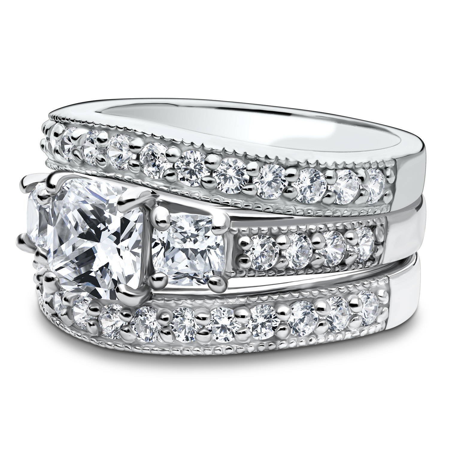 BERRICLE Sterling Silver 3-Stone Wedding Engagement Rings Cushion Cut Cubic Zirconia CZ Ring Set for Women, Rhodium Plated Size 8.5