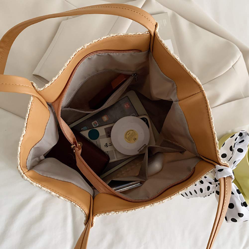 Obosoyo Straw Bags for Women Beach Bags Bowknot Shoulder Bags Straw Purse Summer Woven Bags
