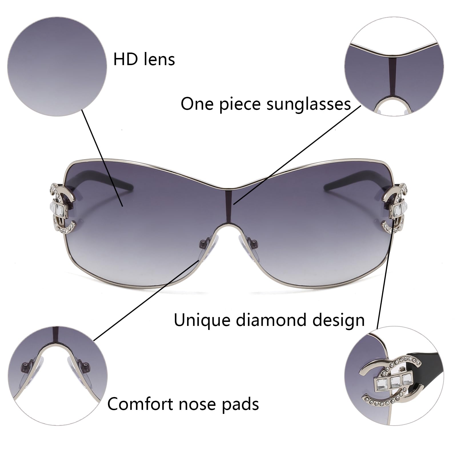 Bsreyeop Wrap Around Y2K Sunglasses for Women Men Fashion Large Frame One-piece Shades Trendy Shield Design Gradient Lens (Black Frame/Gradient Brown Lens C1)