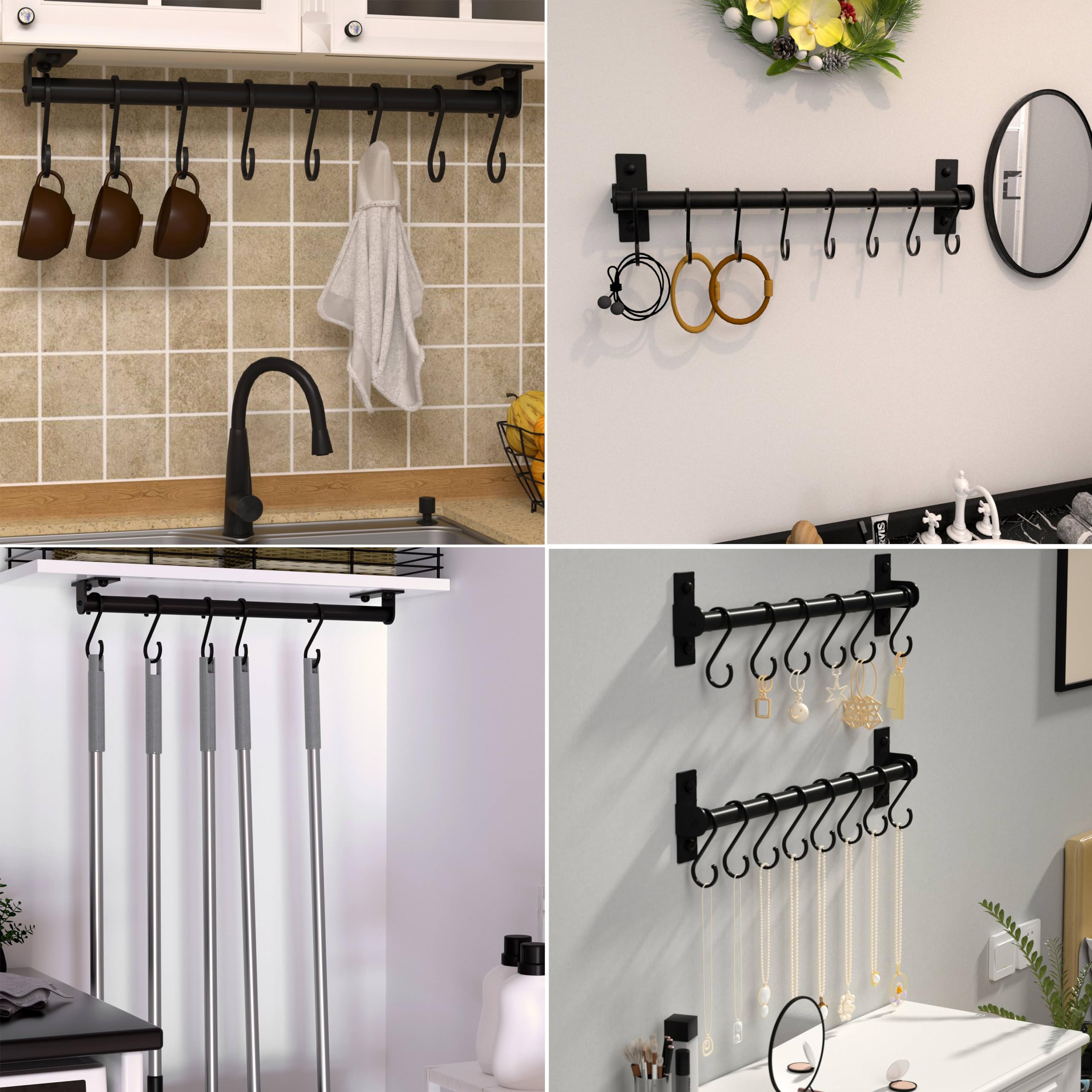 Dseap Kitchen Utensil Holder Hanger, Pot and Pan Rack wall mounted, Kitchen Rail with 8 Hooks for Hanging Cooking Utensils, Mugs, Spoons, Wall Mounted, Black, Pack of 2