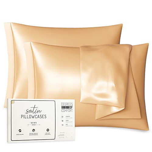Gold Satin Pillow Cases Queen Set of 2 | Luxury Silk Pillowcase for Hair and Skin | 20 x 30 Inch–Slip Silky Comfort with Envelope Closure