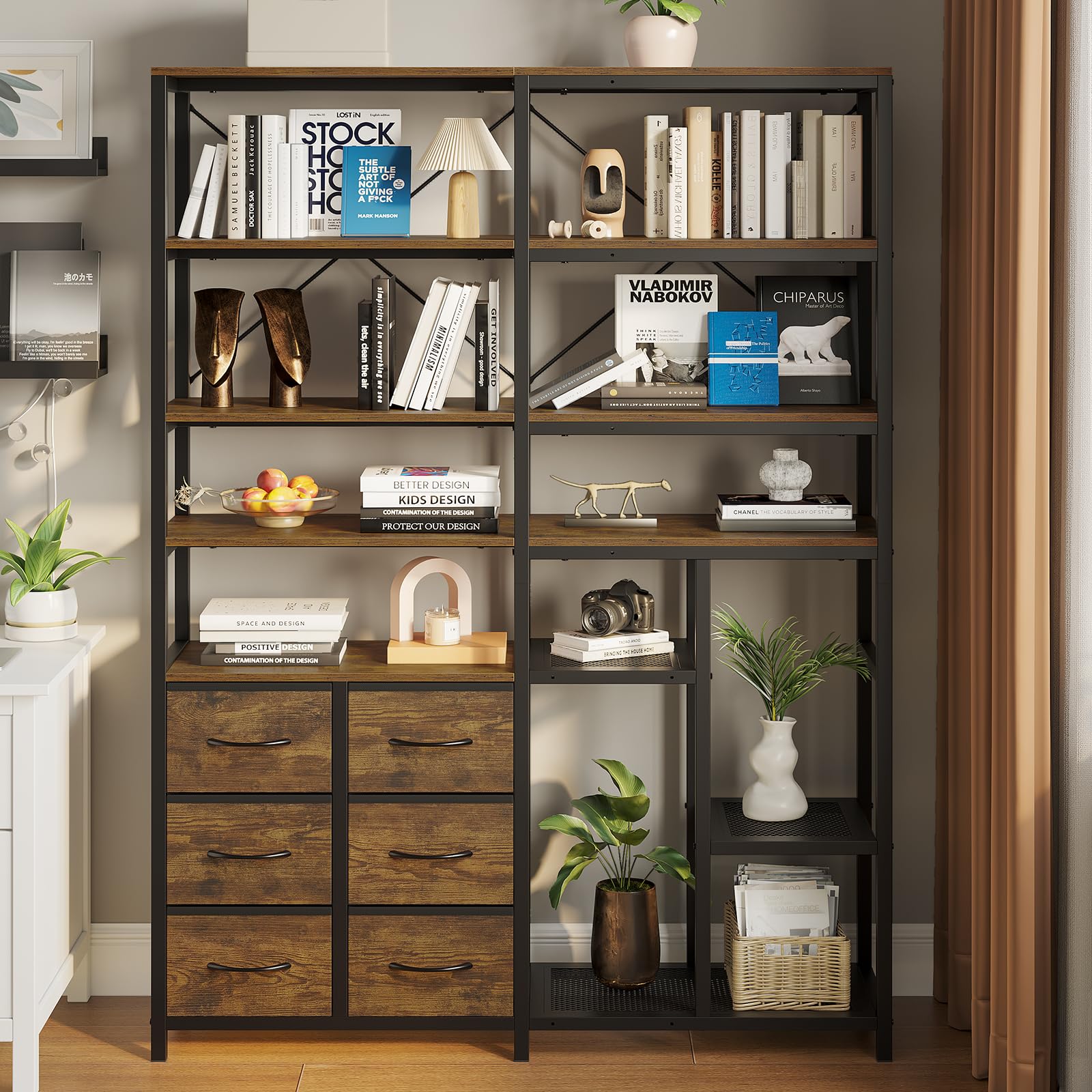 BTHFST Corner Bookshelf with 6 Fabric Drawers, Convertible Tall Bookcase 7 Tier, Industrial Book Shelf with Metal Frame, Wide Bookshelves for Living Room Home Office, Rustic Brown & Black