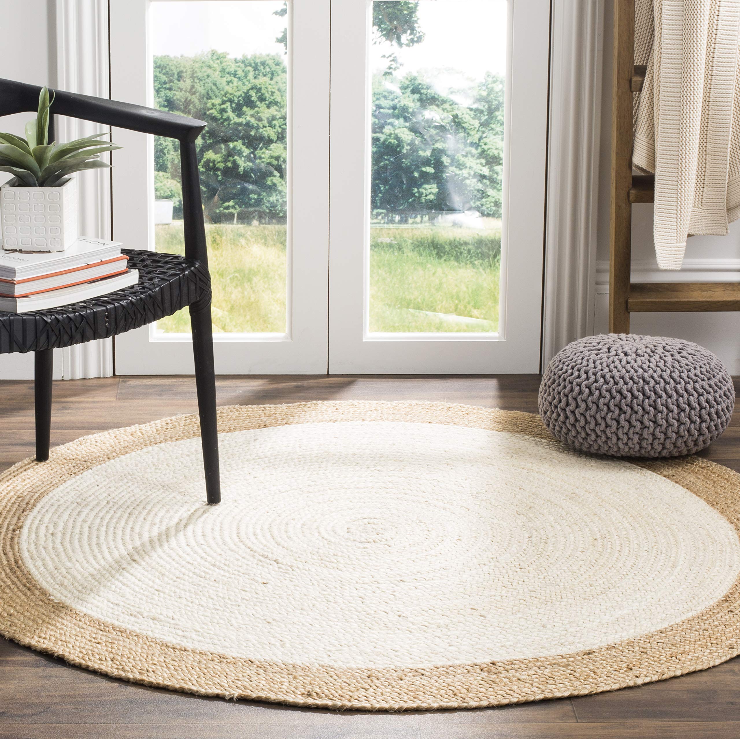 SAFAVIEH Natural Fiber Collection Area Rug - 4' Round, Ivory & Natural, Handmade Boho Braided Jute, Ideal for High Traffic Areas in Living Room, Bedroom (NF801M)
