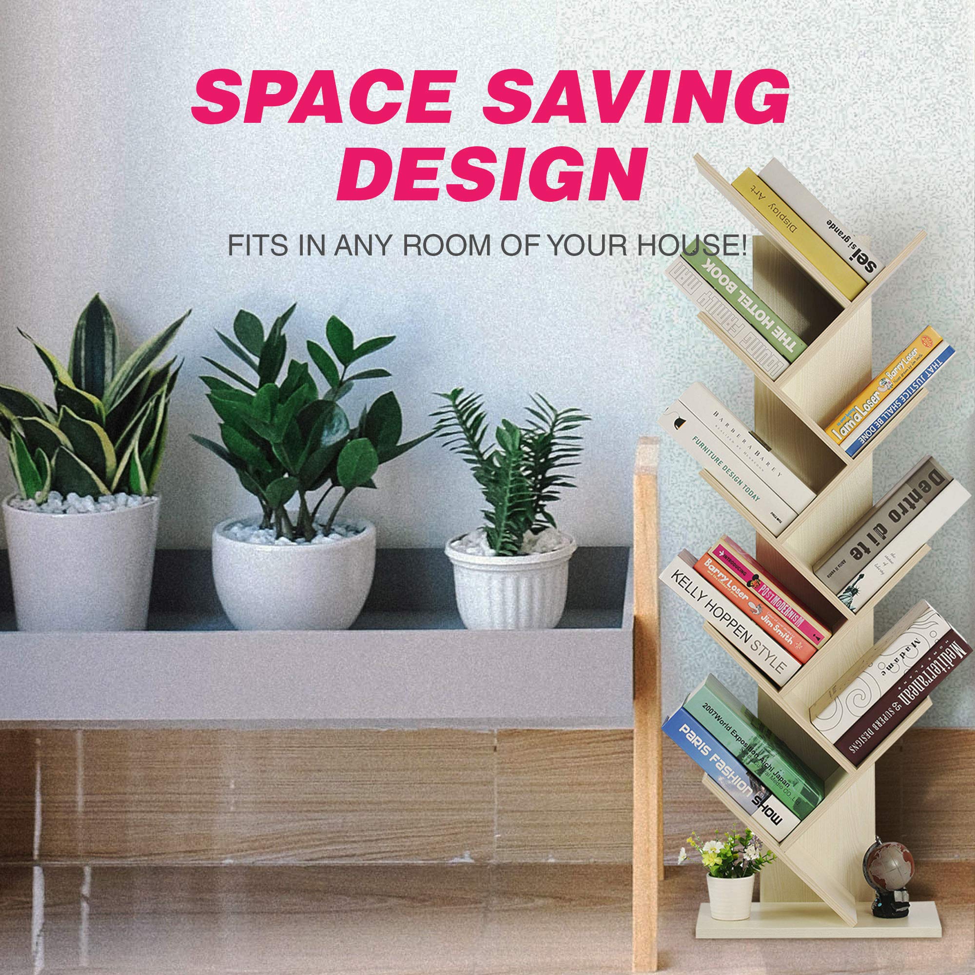Berry Ave 9-Tier Tree Bookshelf - Unique Bookshelf for Books, Magazines, DVDs & More- Space Saving Spine Book Tower - Free Standing Bookcase in Modern Design for Home & Office Use (White)