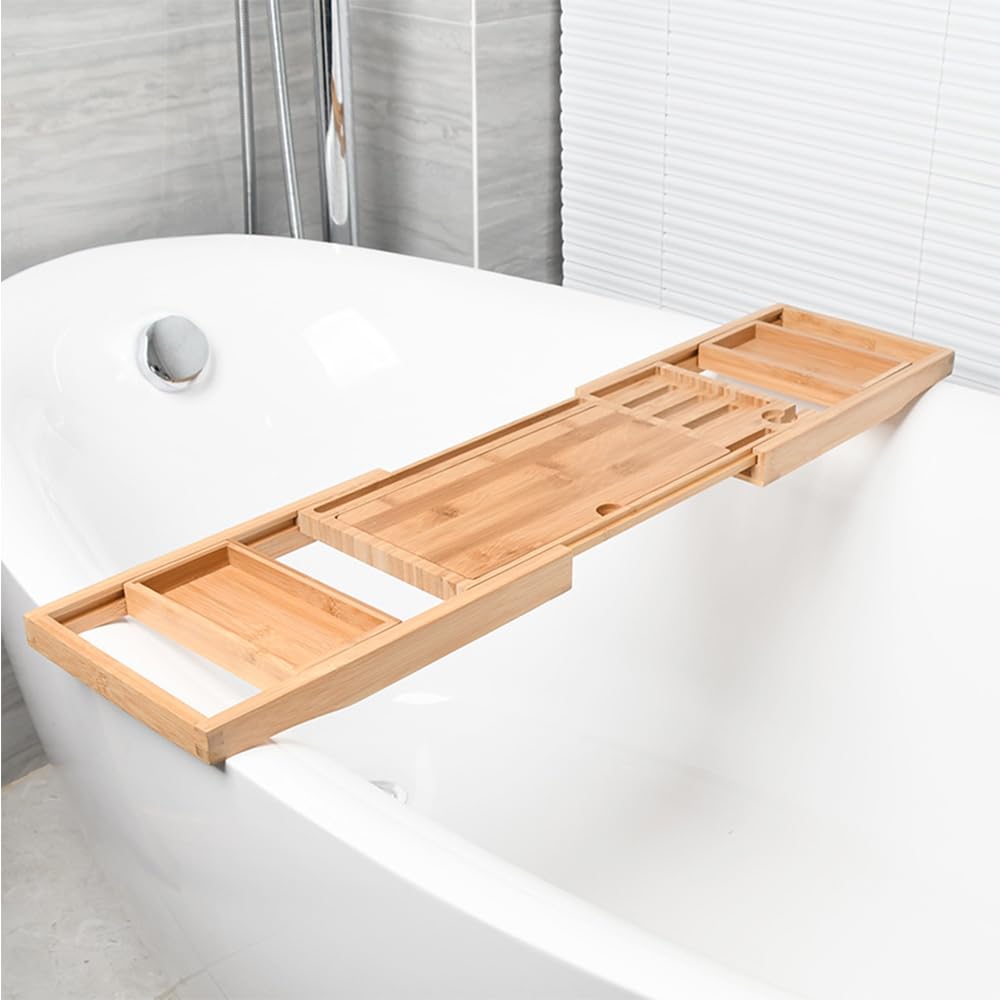 Bathtub Caddy Tray Bamboo Expandable Bath Tray Waterproof for Tub with Wine Holder Built in Book Tablet Integrated Wineglass Holder Phone Tray & Accessories Placement 23.6“ (expands to 34 inches)