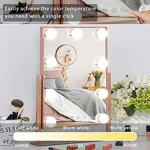 FENCHILIN Hollywood Mirror with Light Large Lighted Makeup Mirror Vanity Makeup Mirror Smart Touch Control 3Colors Dimable Light Detachable 10X Magnification 360°Rotation (Rose Gold)