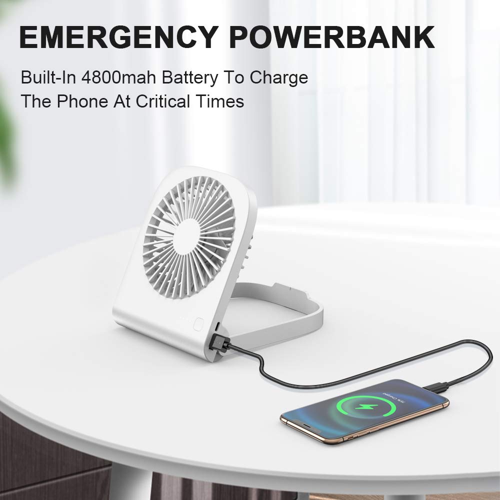 Personal USB Desk Fan, iHoven Mini Portable 14h Cooling Office Rechargeable Small Table Fan, 4800mah Quiet Battery Operated Desktop Fan Adjustable for Home Office Car Outdoor Travel White (white)