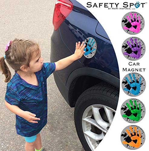 Safety Spot Magnet - Kids Handprint for Car Parking Lot Safety - Gray Background with Splat (Blue)