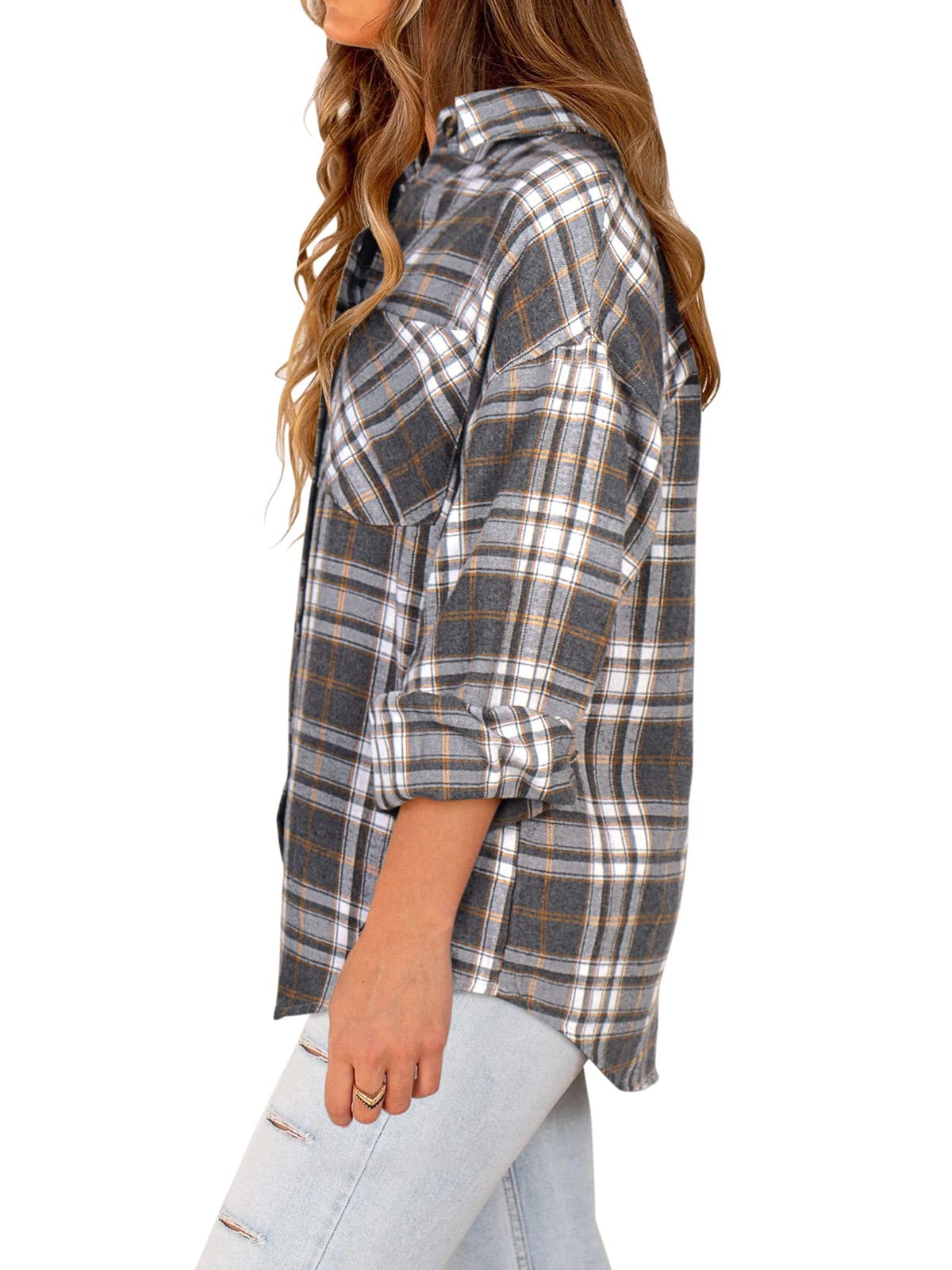 Berryou Flannel Shirts for Women Casual Plaid Button Down Shirt Long Sleeve Blouse Tops Grey L
