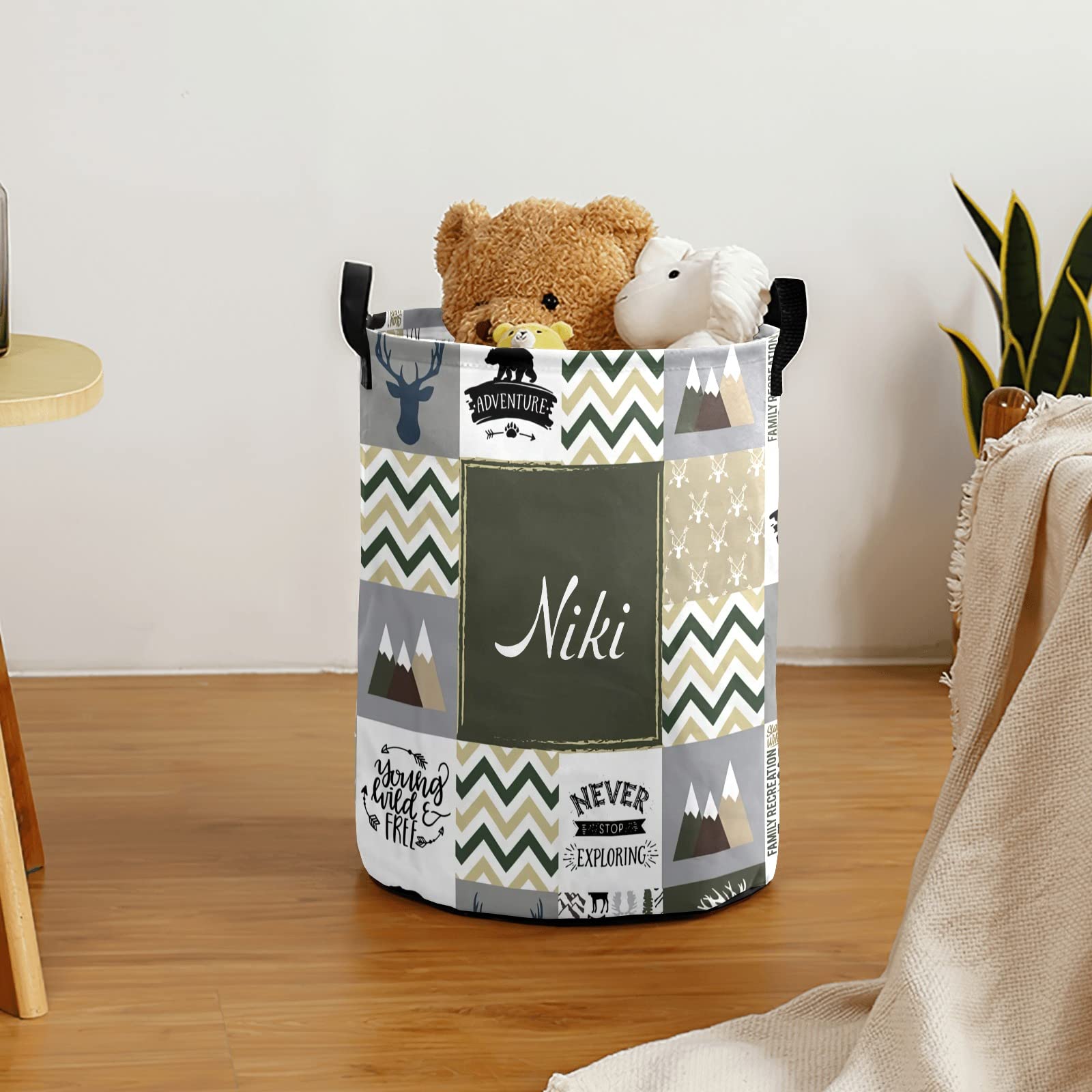 Camo Woodland Animals Laundry Basket Personalized with Name Laundry Hamper with Handle Clothes Bag Bin for Bedroom Baskets