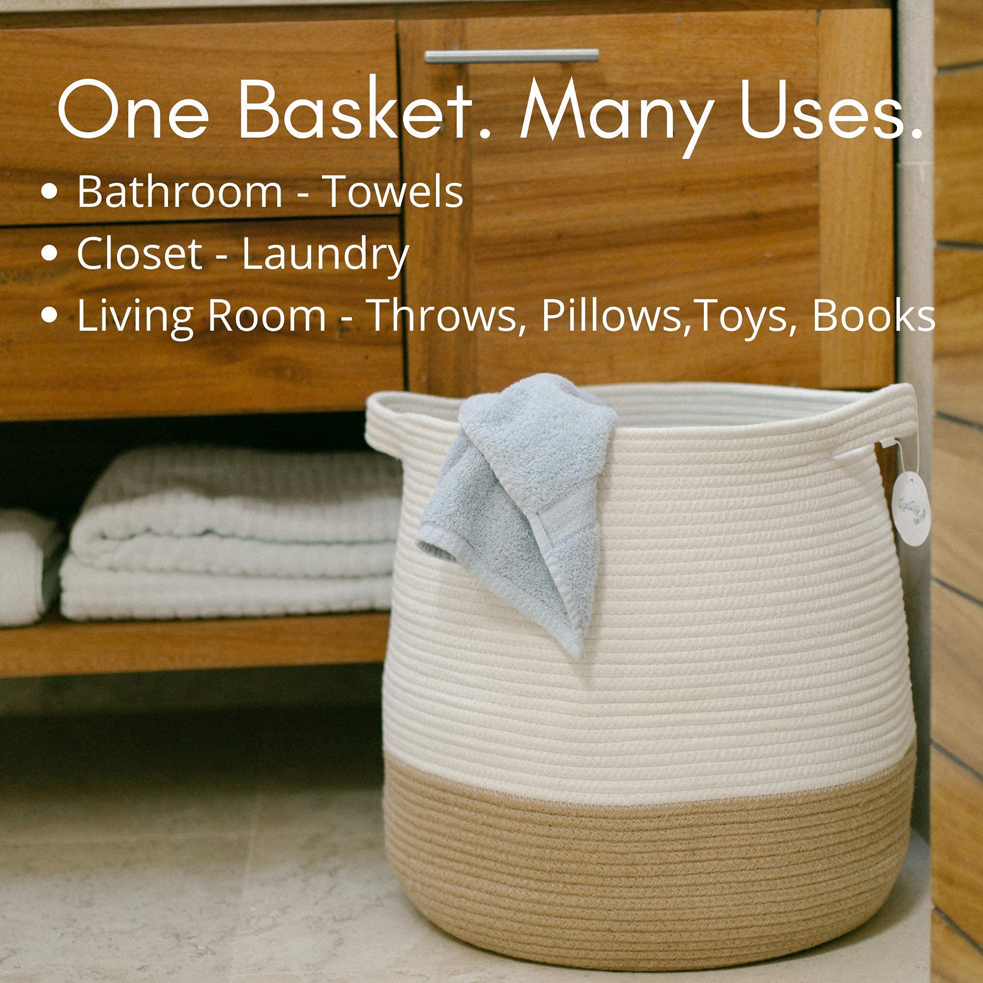Large Blanket Basket for Living Room - Decorative Woven Baskets for Storage, Cotton Rope Baskets for Storage 16βx18β, Round Basket, Tall Laundry Hamper Basket, LuxiLily Baskets