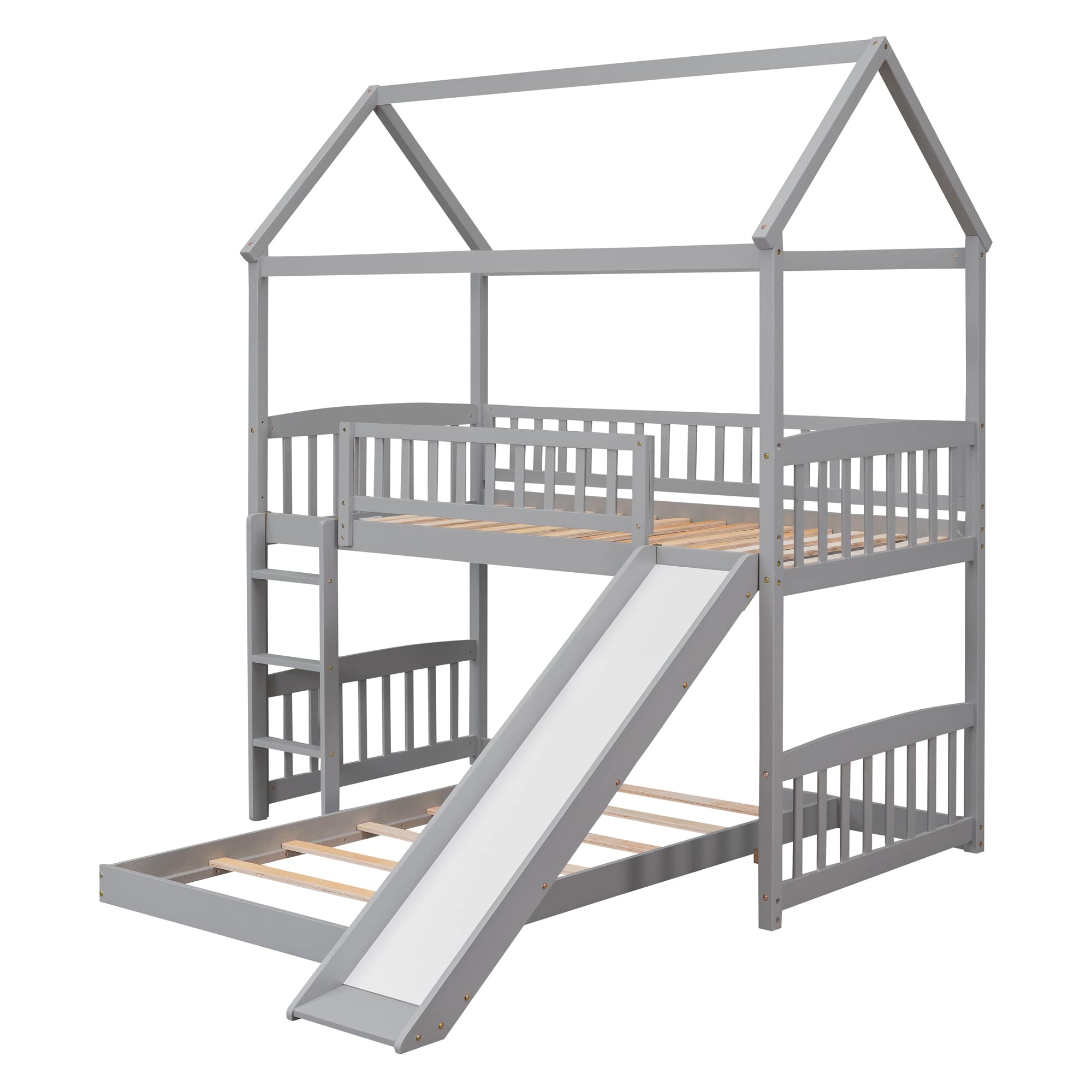 LZ LEISURE ZONE Bunk Bed with Slide, Wood Twin Over Twin Bunk Bed Frame, Twin Size House Bunk Bed, Bedroom Furniture for Kids/Teens/Aldults, No Box Spring Needed, Gray