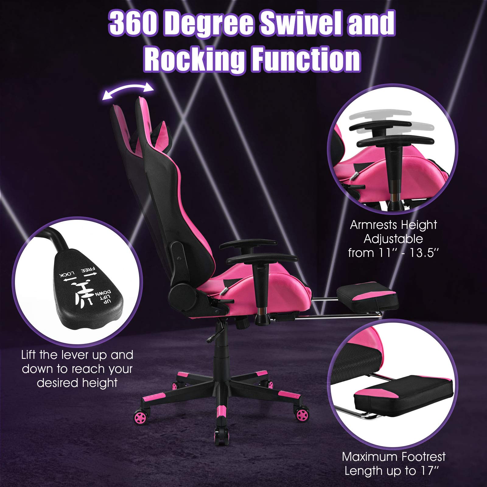 Giantex Massage Gaming Chair Pink, Ergonomic Video Game Chair with Footrest, High Back E-Sport Computer Chair with Headrest & Massager Lumbar Support, PU Leather Gaming Seat