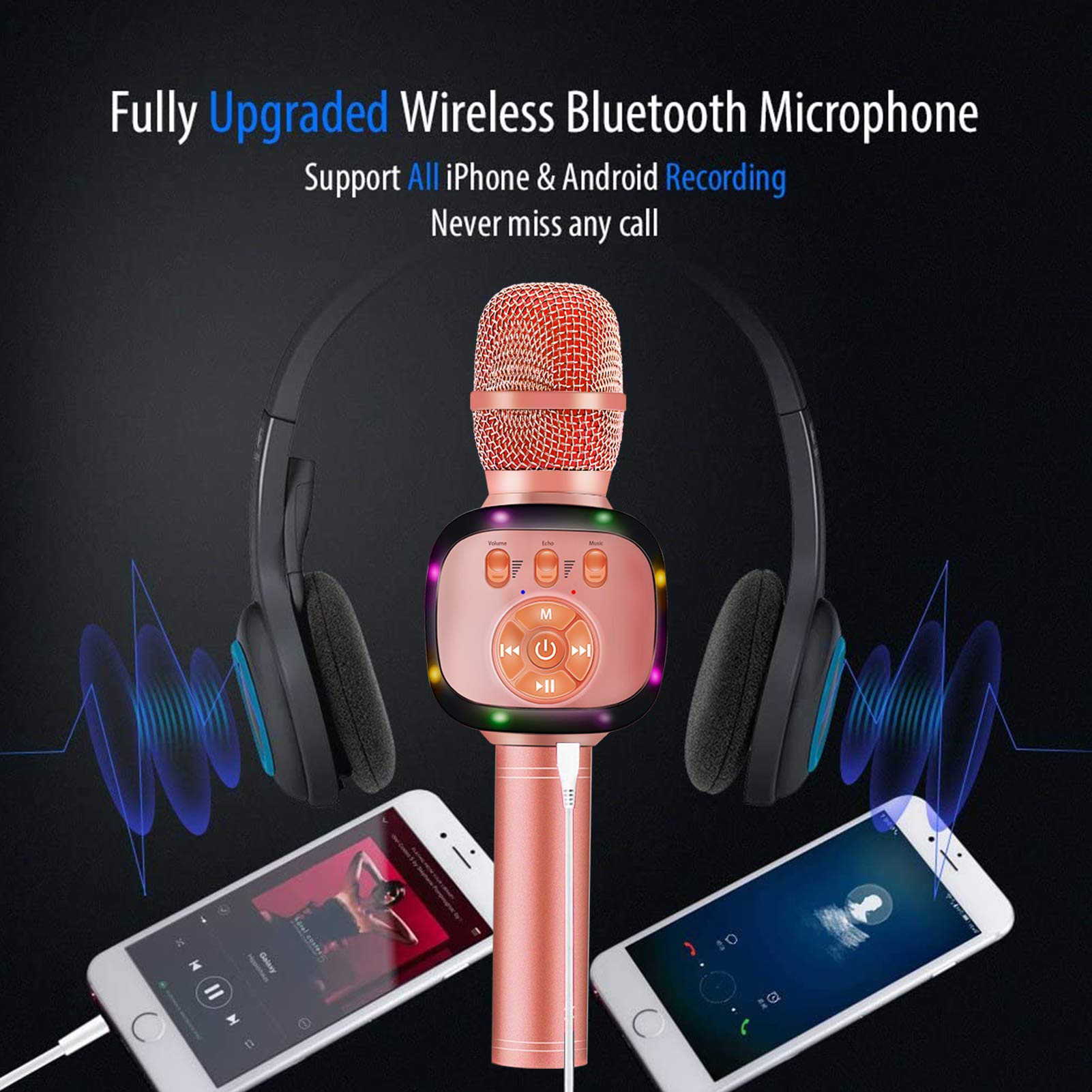 BONAOK Wireless Bluetooth Karaoke Microphone with Dual Sing, LED Lights, Portable Handheld Mic Speaker Machine for Kids Toys/PC/Outdoor/Birthday/Home/Party(Space Gray)