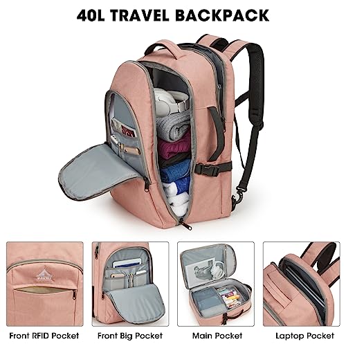G4Free Travel Backpack For Women Men 40l Carry On Waterproof Large 17inch Laptop Backpack For Traveling On Airplane, College Bag Casual Daypack With 3 Packing Cubes For Weekender Business Hiking Pink