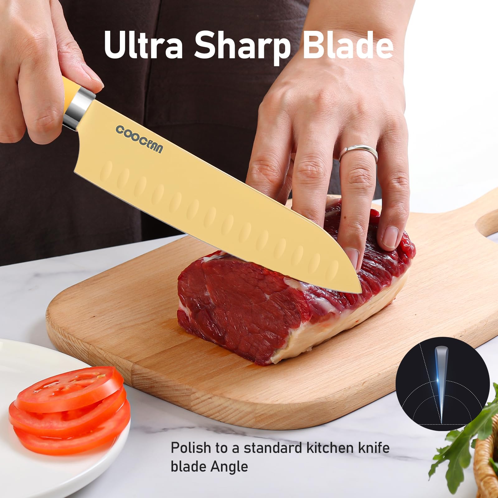 COOCLAN Santoku Knife 7 Inch with Sheath Ultra Sharp High Carbon Stainless Steel Santoku Knife Chefs Knife with Non-stick Coating Kitchen Chef Knife with Ergonomic Non-slip Hand Ideal Gift