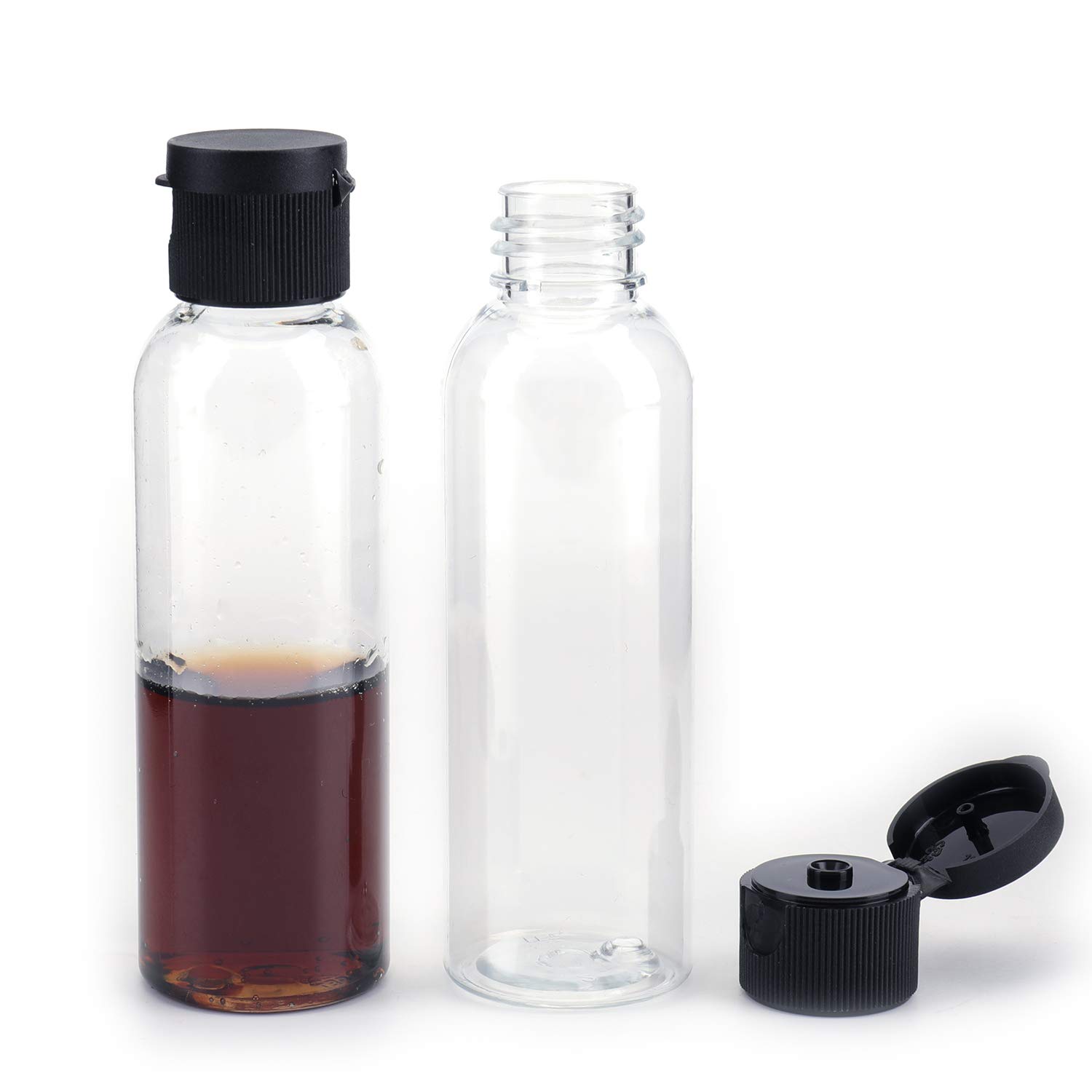 Bekith 30 Pack 2 oz Plastic Empty Lotion Containers Clear Travel Bottles with Black Flip Cap and 10 Funnels for Shampoo, Conditioner, Lotion