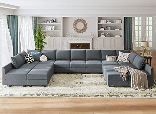 HONBAY Oversized Modular Sofa U Shape Modular Couch with Chaise Modular Sectional Couch Sofa with Storage Seats, Bluish Grey