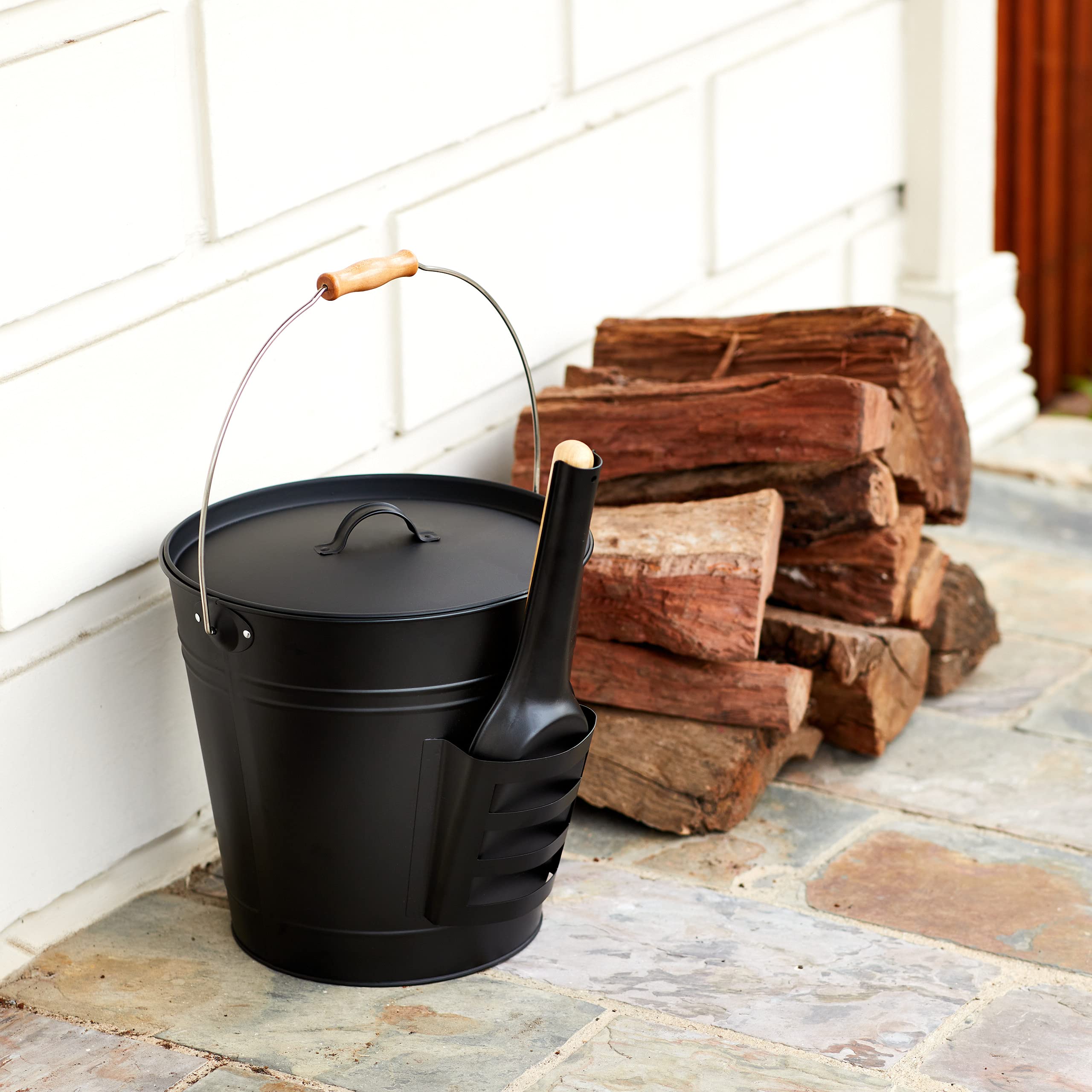 Noxvoya Metal Ash Bucket with Lid and Shovel, Brush, Black - Heavy-Duty, Modern Coal Bucket with Fireplace Scoop for Indoor Fireplaces, Outdoor Fire Pits, Grill - Premium, Compact Fireplace Tools