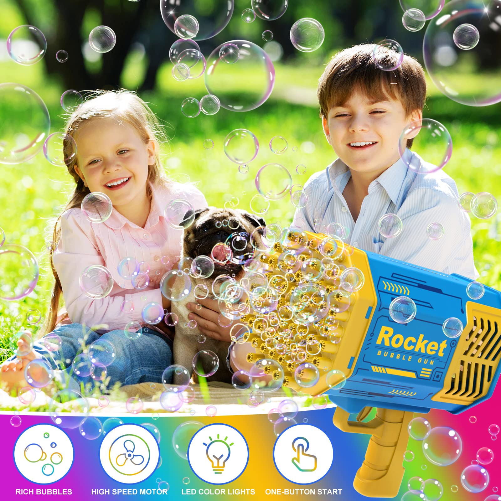 Bubble Machine Gun, Bubble Guns with Lights, 20 Bubble Solution, Bubble Blower for Toddlers Kids Adults, Bubble Machine for Parties Birthday Xmas Easter Gift, Outside Toys - Blue Bubble Maker