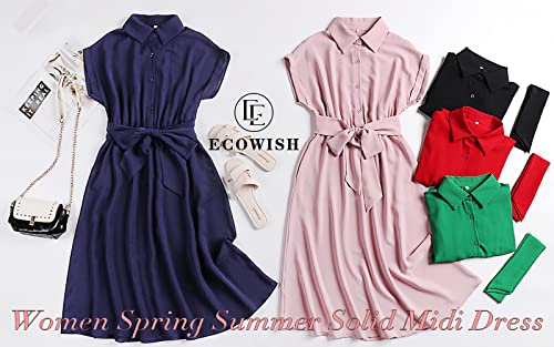 ECOWISH Womens Casual Midi Dresses Solid V Neck Short Sleeve Shirt Dress with Pockets for Spring Summer 2023 Green L
