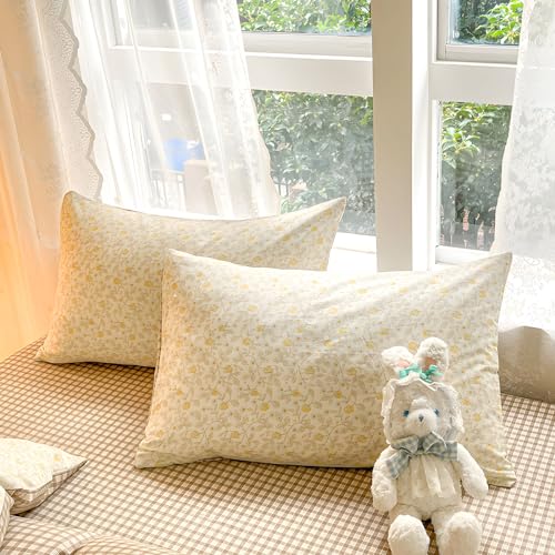 EAVD Garden Style Botanical Floral Duvet Cover Twin Soft 100% Cotton Yellow Floral Leaves Pattern Bedding Set with 2 Pillowcases Reversible Girld Plaid Duvet Cover with Zipper Closure