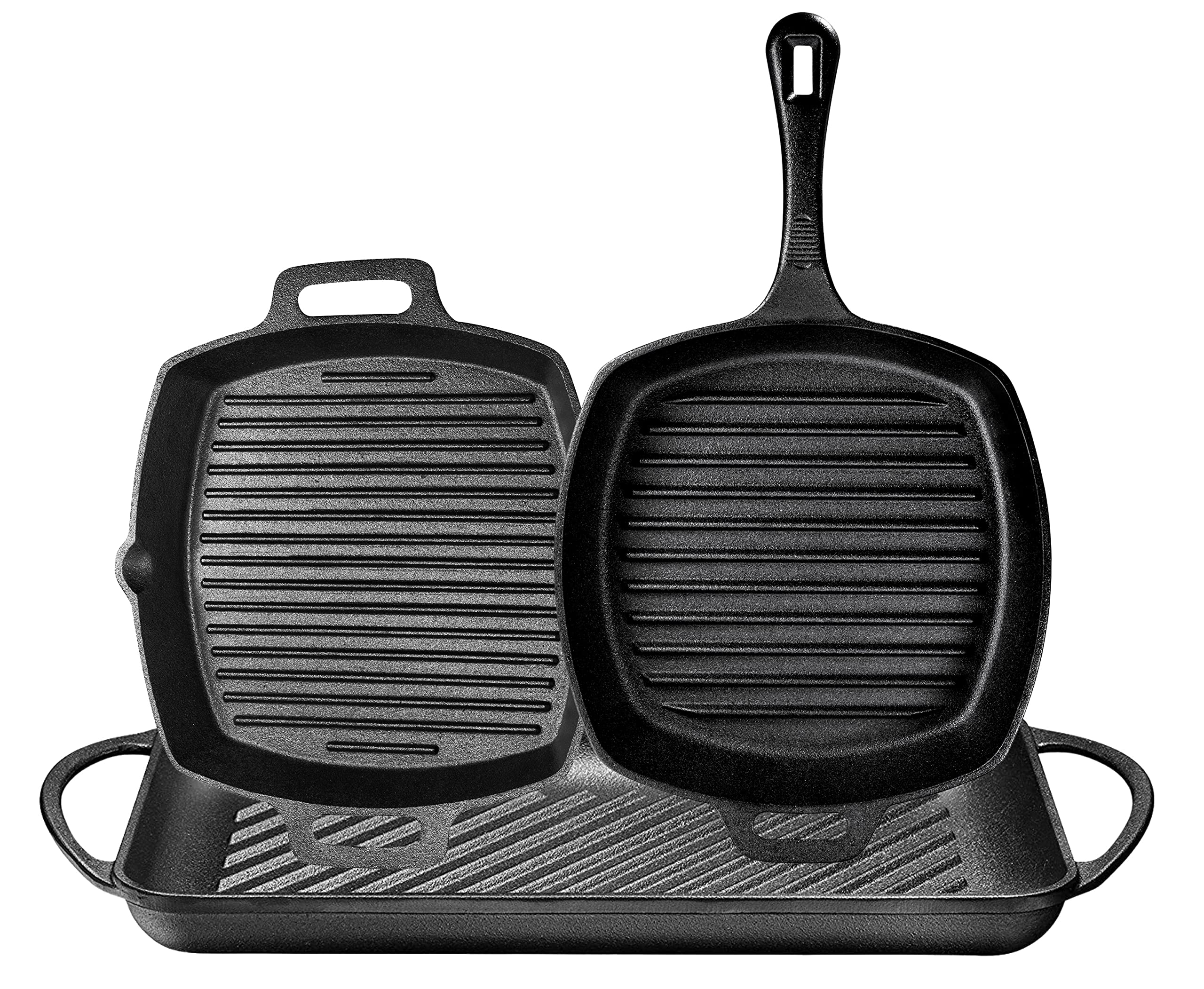 Bruntmor Pre Seasoned Cast Iron 3 Piece Grill Bundle Gift Set, Rectangular grill Pan, Grill Skillet, Square Grill Pan, Camping Cookware Set