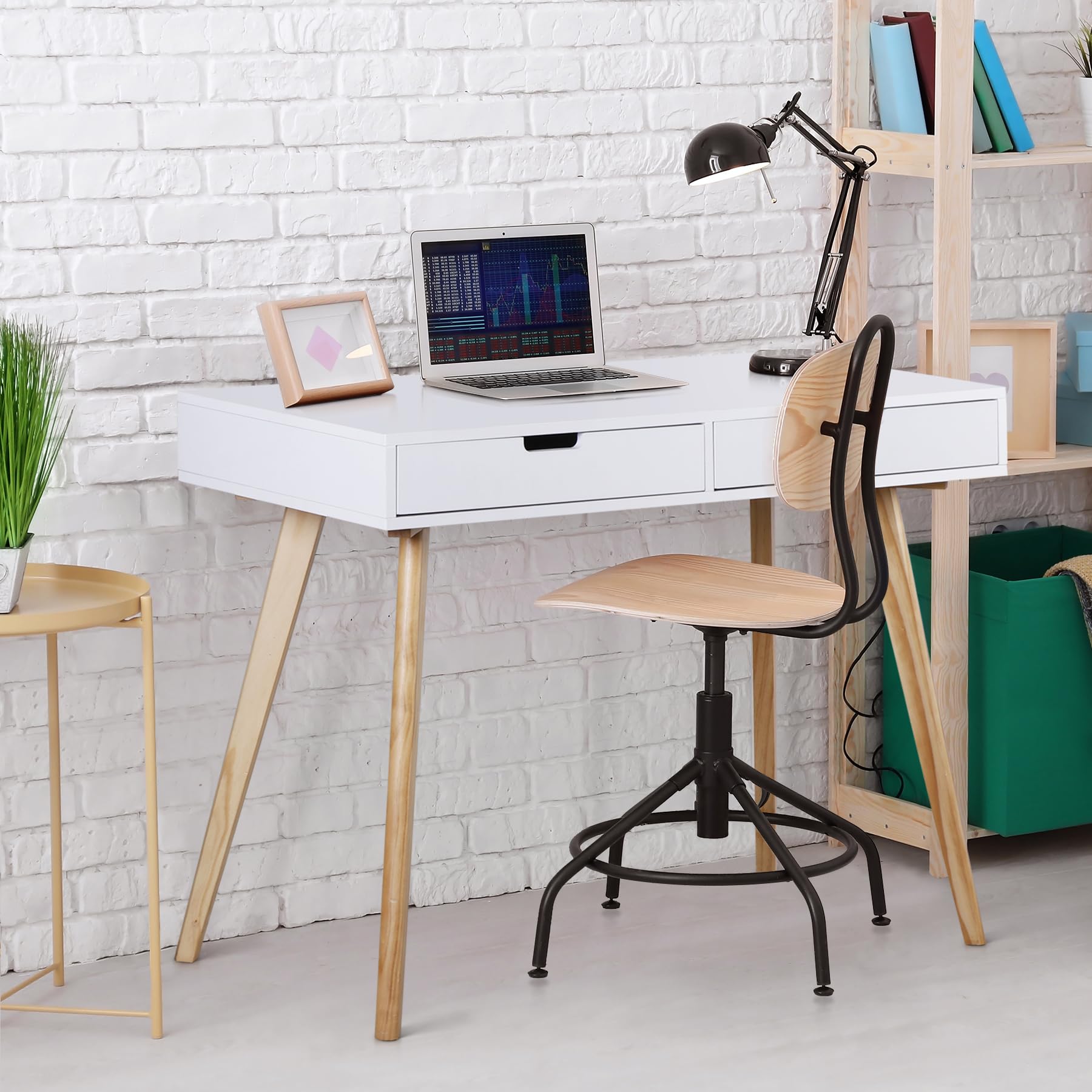 SUPER DEAL Mid Century Writing Computer Desk, Modern Home Office Laptop PC Desk with Two Storage Drawers & Solid Wood Legs, Console Table Makeup Vanity Table for Bedroom