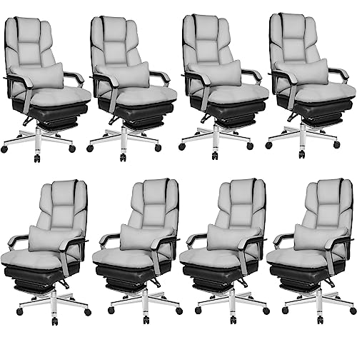 SeekFancy Reclining Office Chair with Footrest, Big and Tall Office Chair 500lbs Wide Seat with 170°Backrest, High Back Leather Managerial Chair Lumbar Support,Grey Executive Office Chair Set of 8